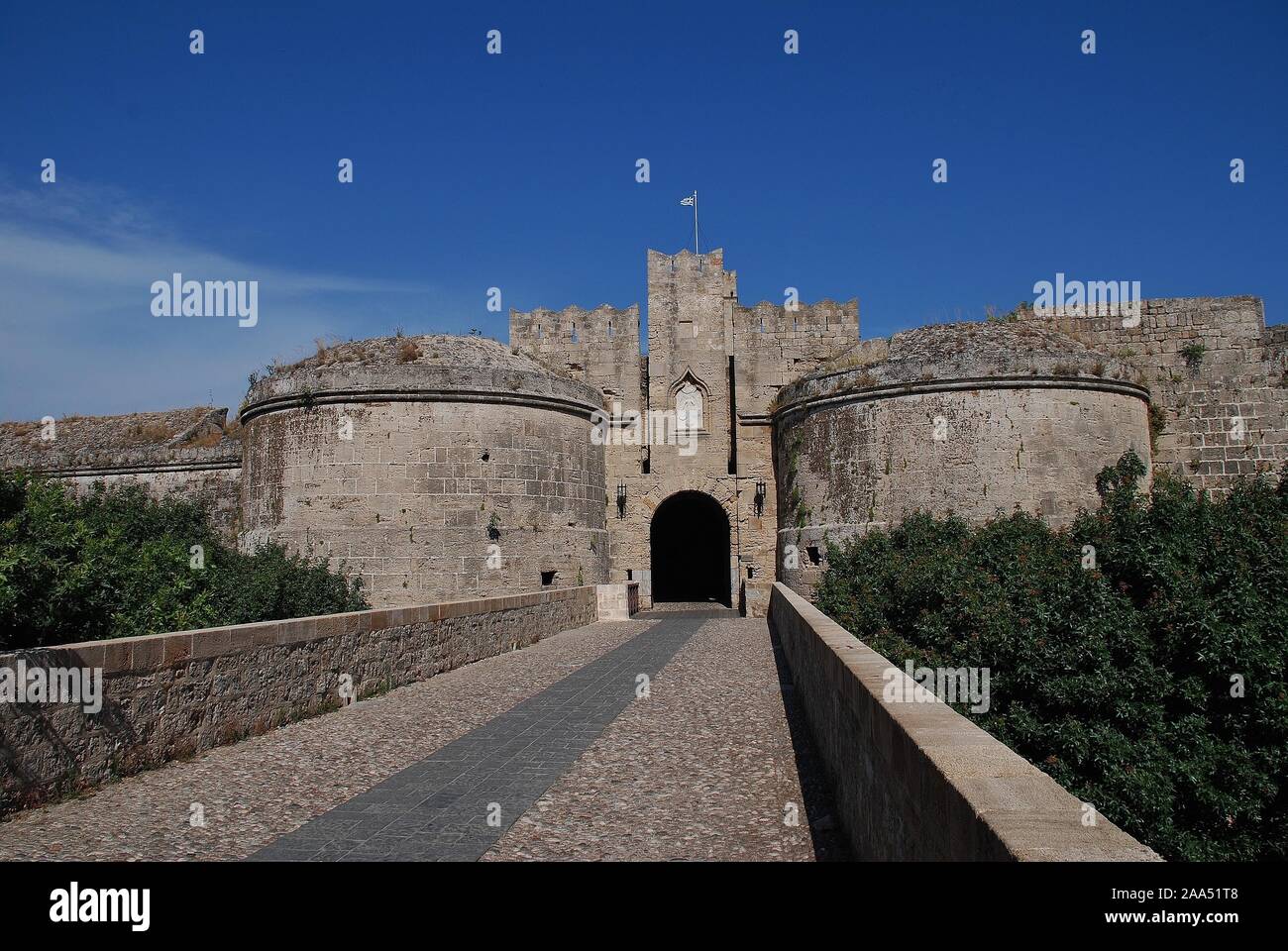The Amboise gate in the fortified medieval Rhodes Old Town on the Greek ...