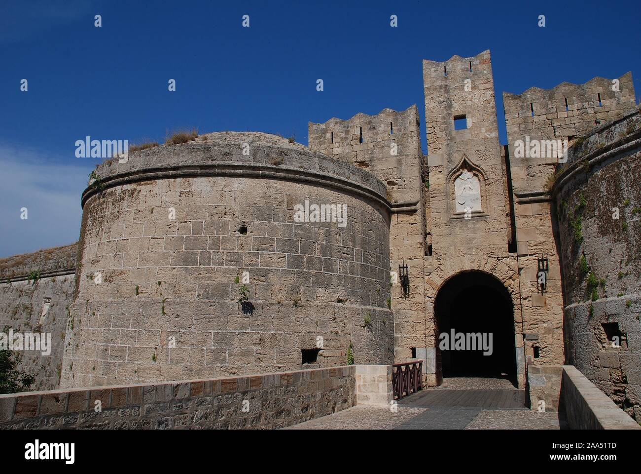 The Amboise gate in the fortified medieval Rhodes Old Town on the Greek ...
