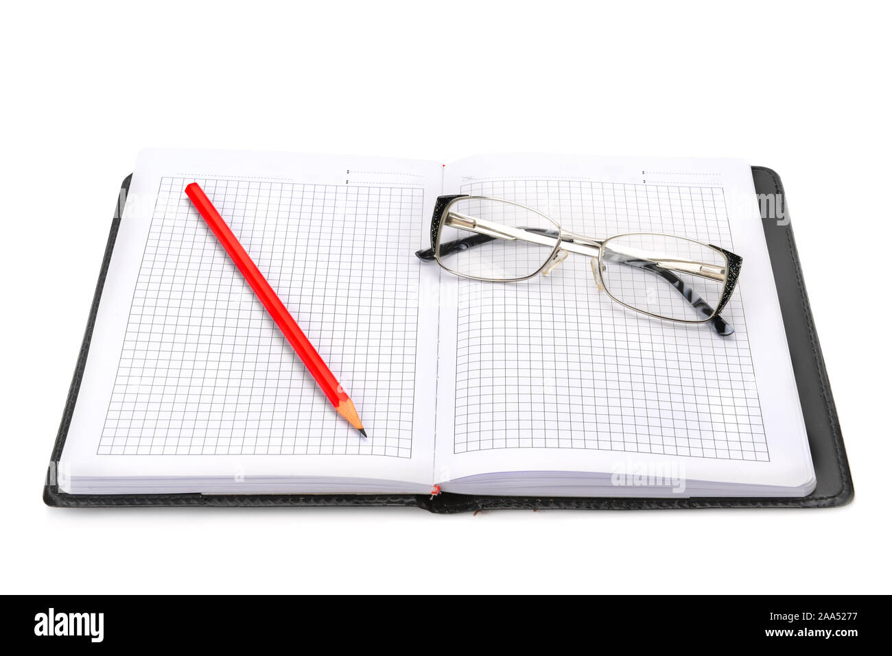 Notebook and glasses isolated on white background Stock Photo - Alamy