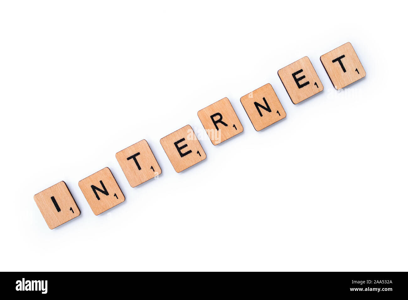 London, UK - June 13th 2019: The word INTERNET, spelt with wooden ...