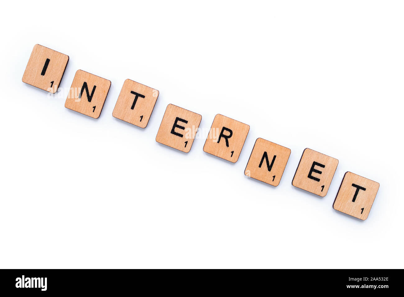 London, UK - June 13th 2019: The word INTERNET, spelt with wooden ...