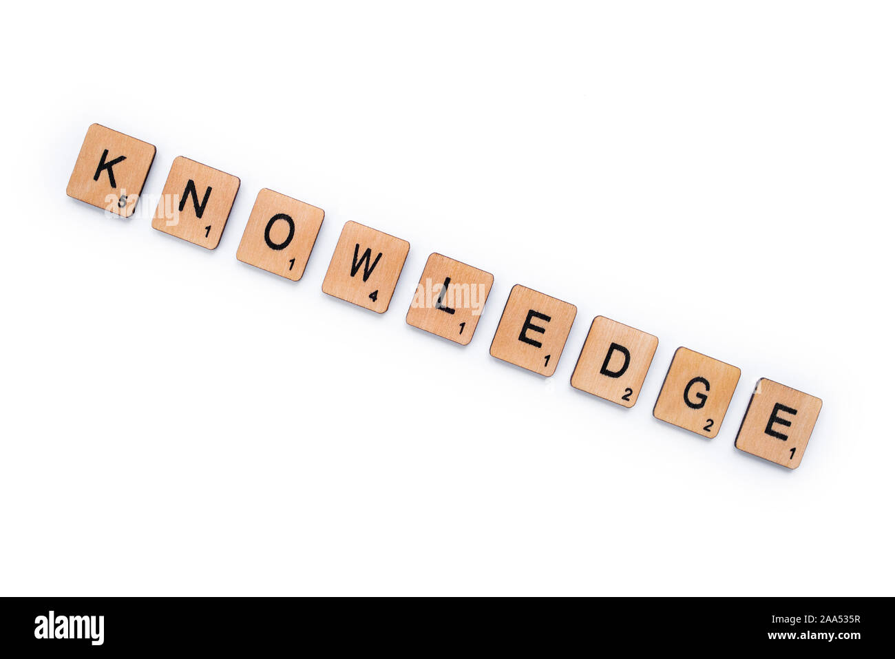 London, UK - June 13th 2019: The word KNOWLEDGE, spelt with wooden ...