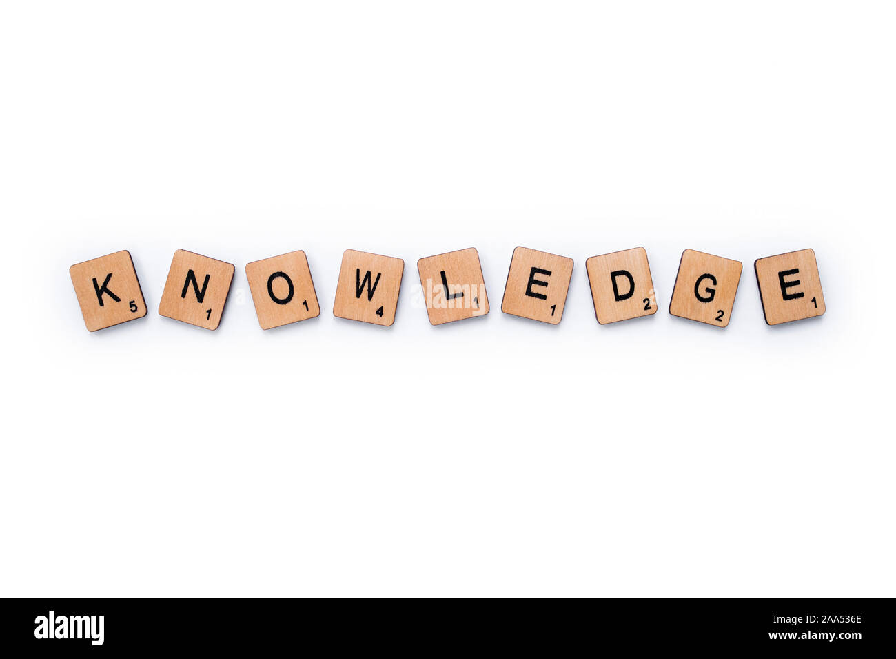 London, UK - June 13th 2019: The word KNOWLEDGE, spelt with wooden ...