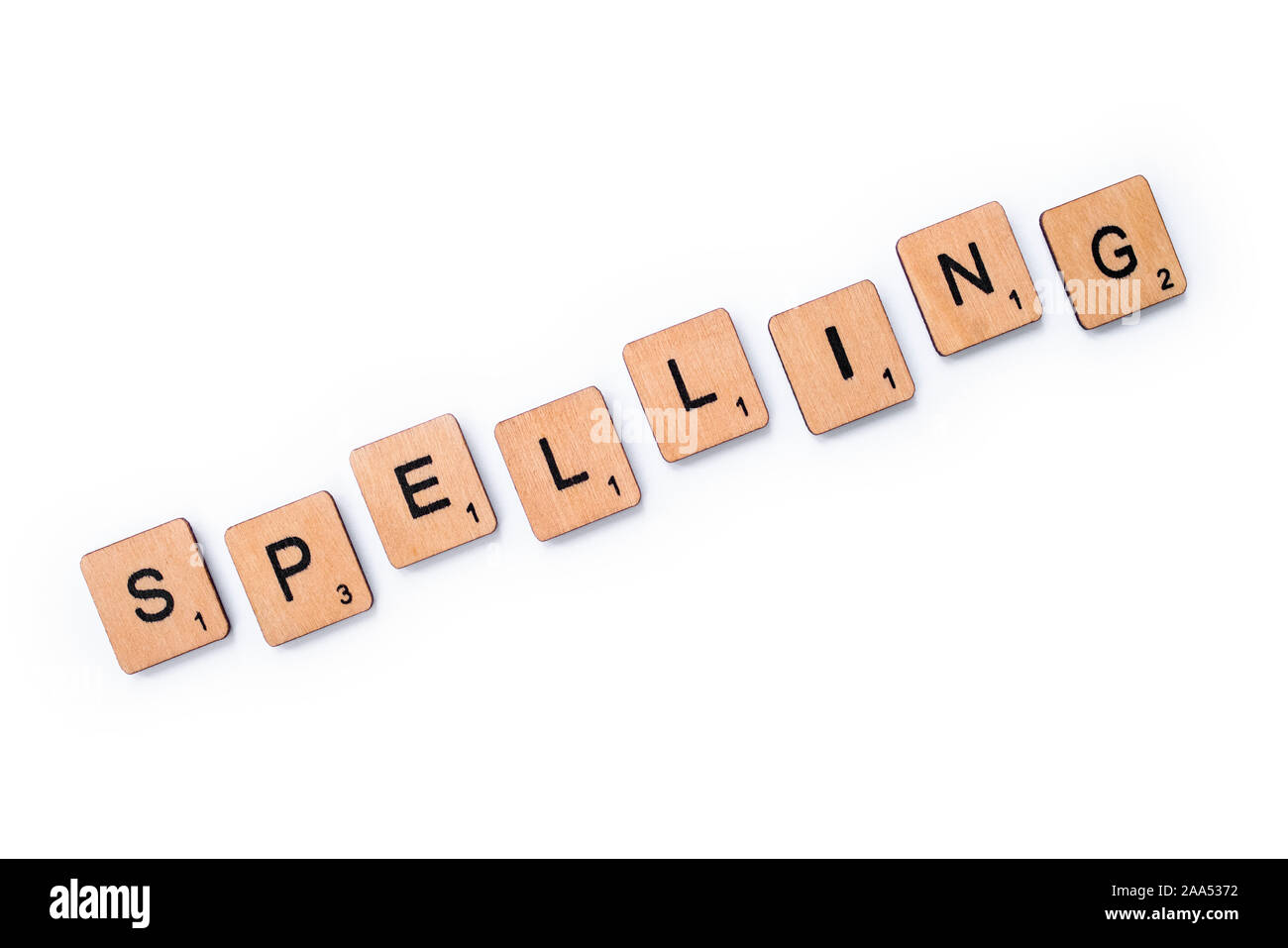 London, UK - June 13th 2019: The word SPELLING, spelt with wooden ...