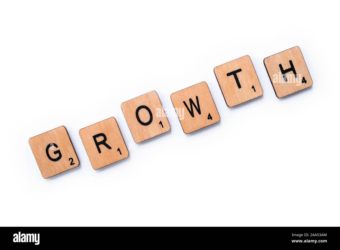 London, UK - June 13th 2019: The word GROWTH, spelt with wooden letter ...