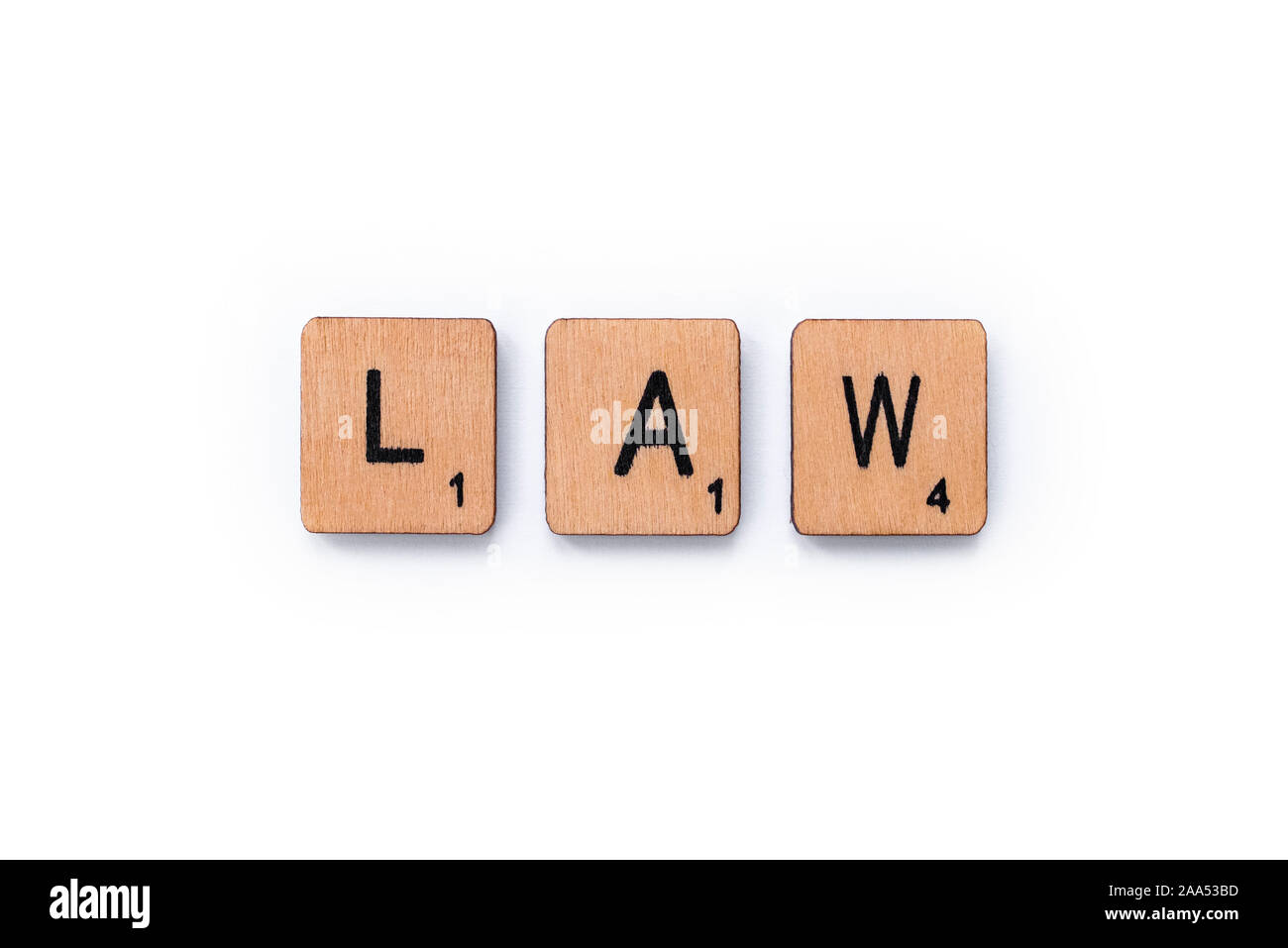 London, UK - June 13th 2019: The word LAW, spelt with wooden letter ...