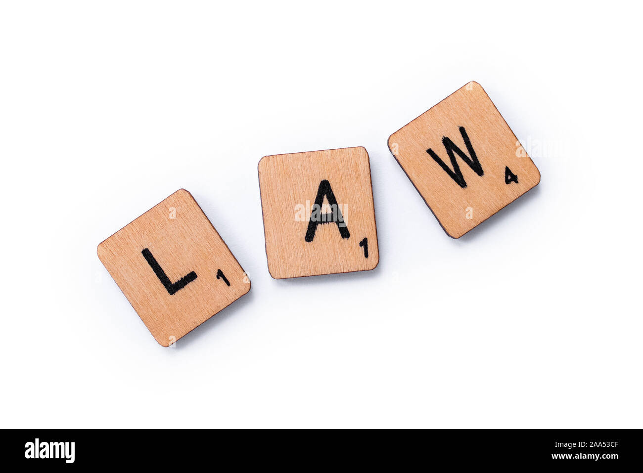 London, UK - June 13th 2019: The word LAW, spelt with wooden letter ...