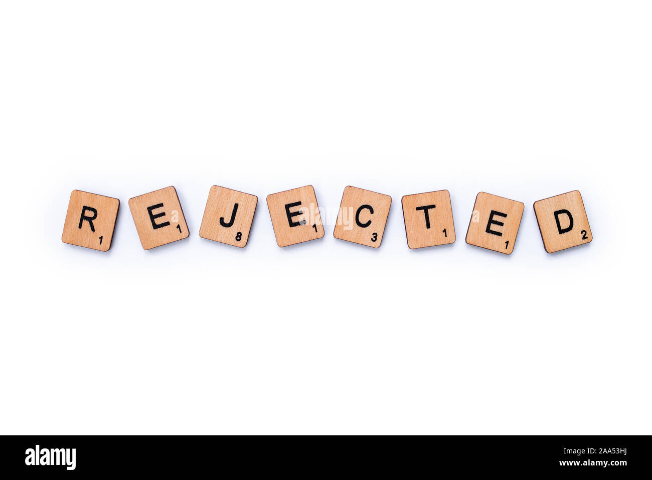 London, UK - June 13th 2019: The word REJECTED, spelt with wooden ...