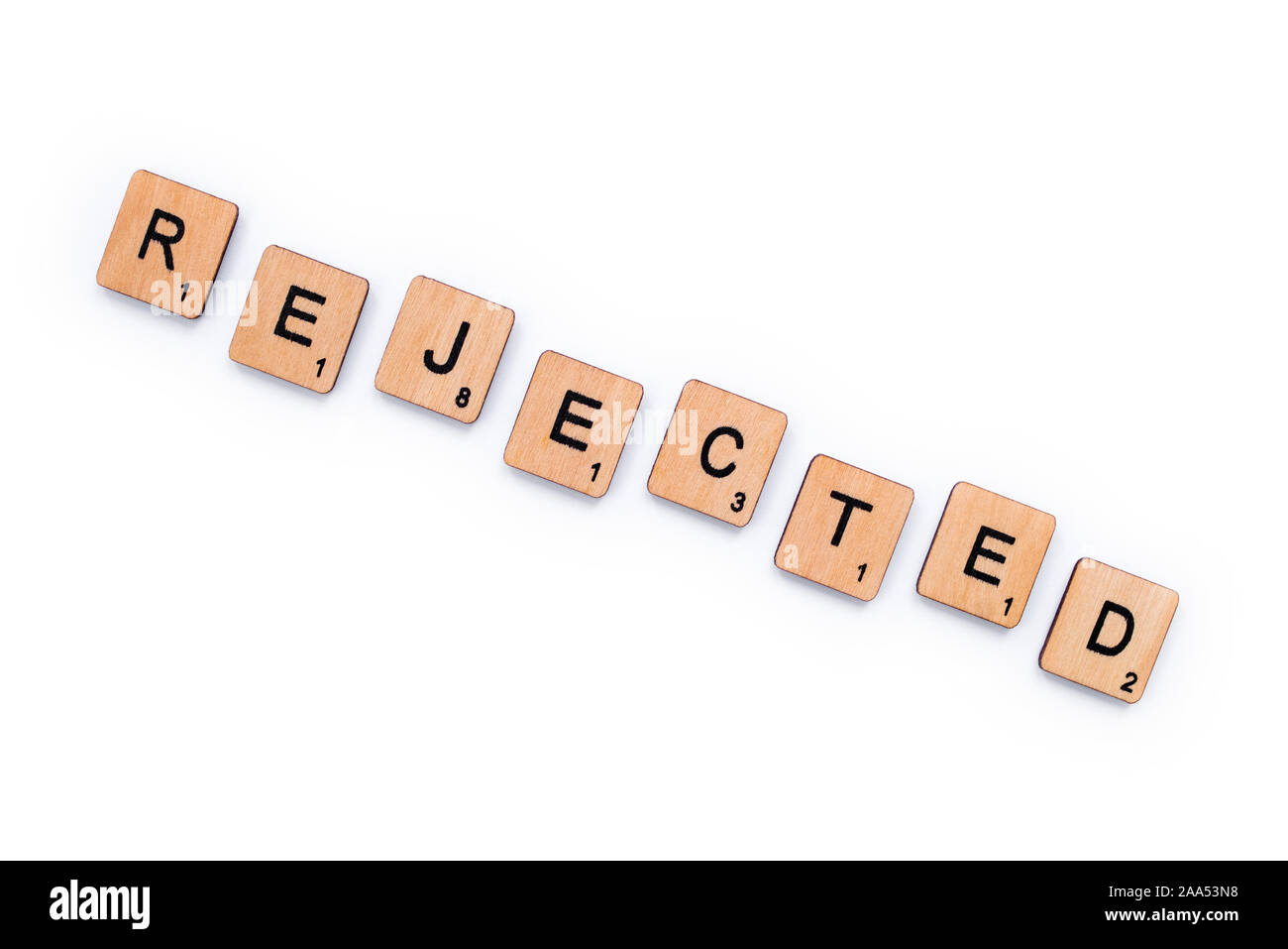 London, UK - June 13th 2019: The word REJECTED, spelt with wooden ...