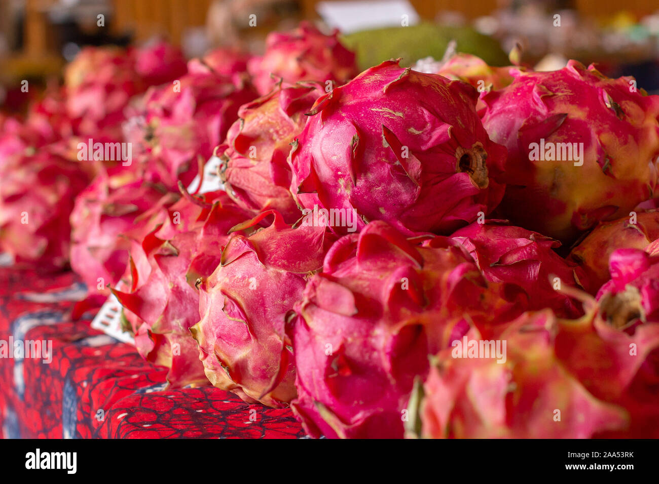 Raw Pitaya in farm or supermarket. Dragon fruits close up Stock Photo ...