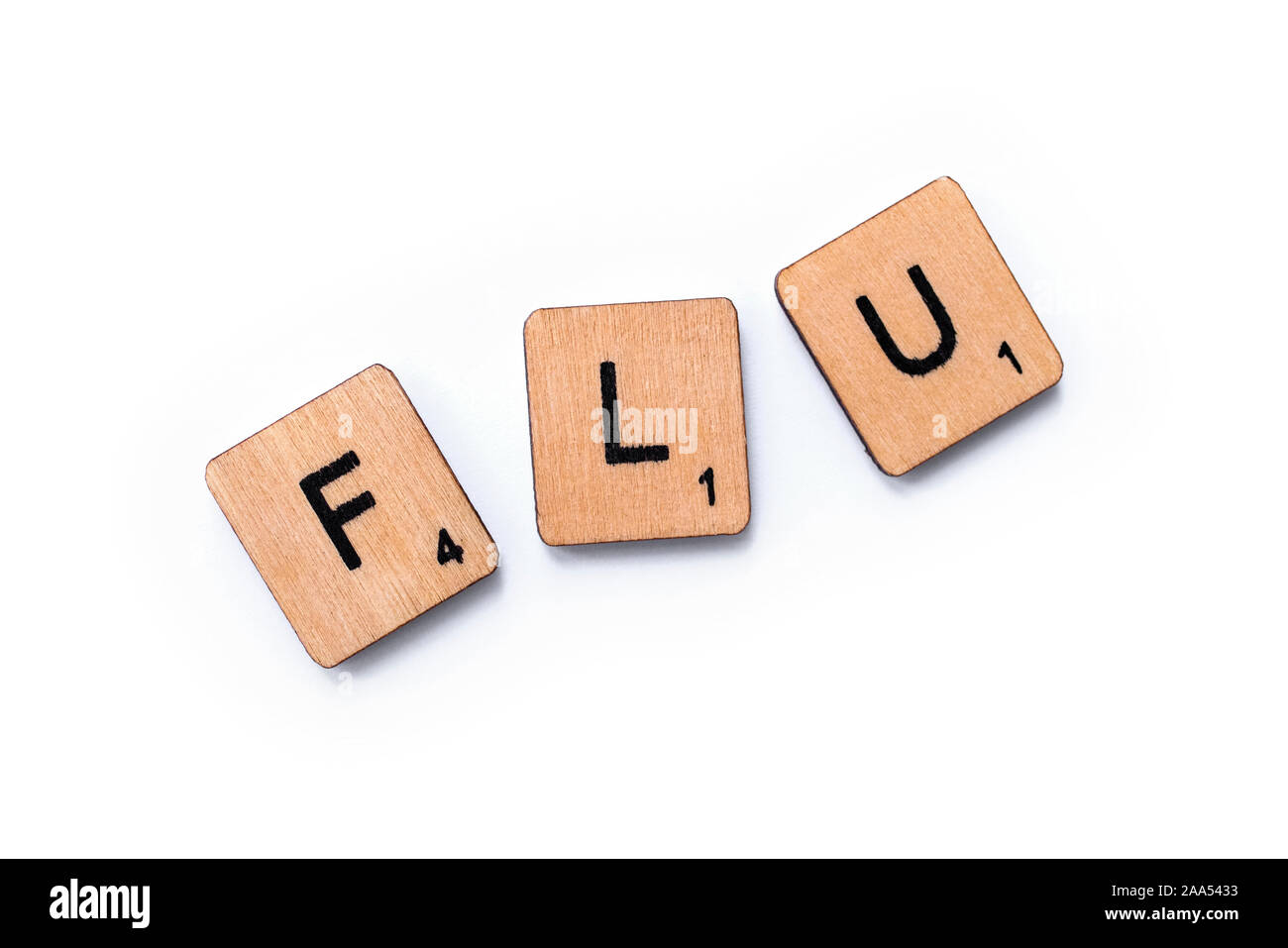 London, UK - June 13th 2019: The word FLU, spelt with wooden letter ...