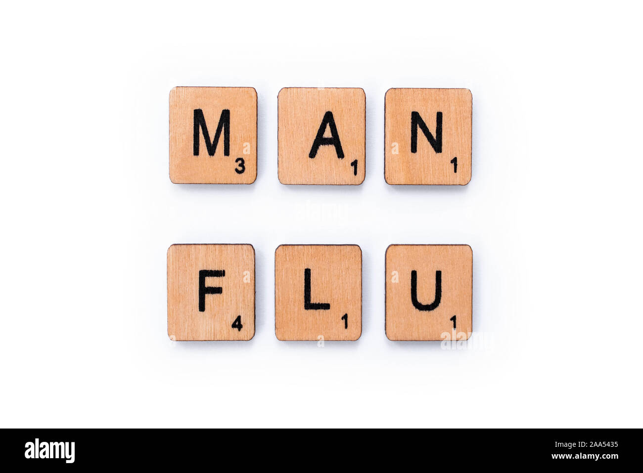 London, UK - June 13th 2019: The phrase MAN FLU, spelt with wooden ...