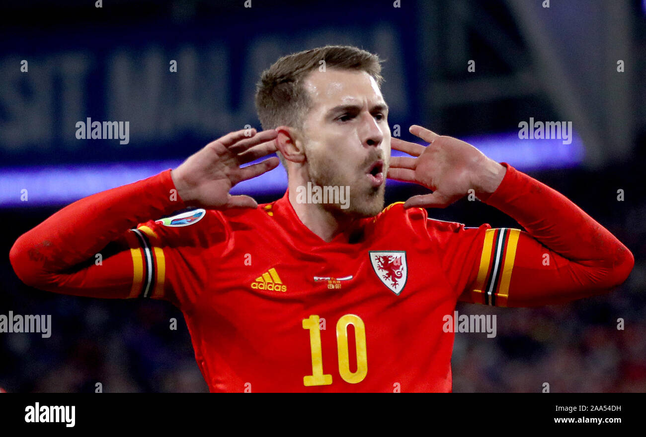 Wales' Aaron Ramsey celebrates scoring his side's first goal of the ...