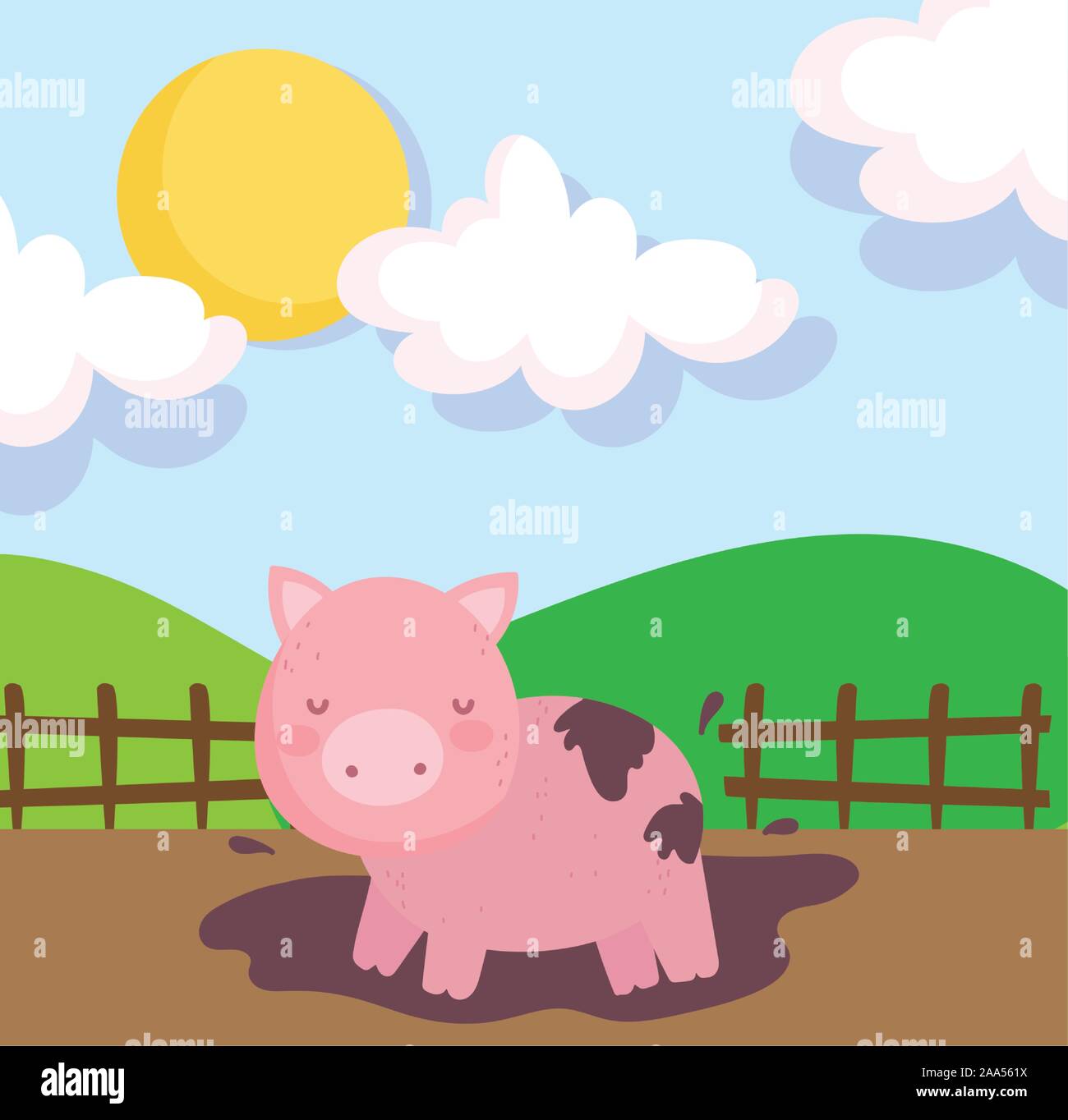 piggy in the mud wooden fence sky farm animals vector illustration ...