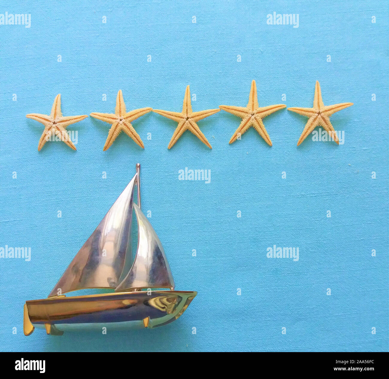5 star fish, white starfish with a boat on a blue background Stock ...