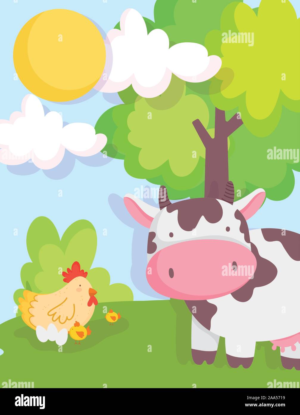 cow chicken and chicks tree sky farm animals vector illustration Stock ...