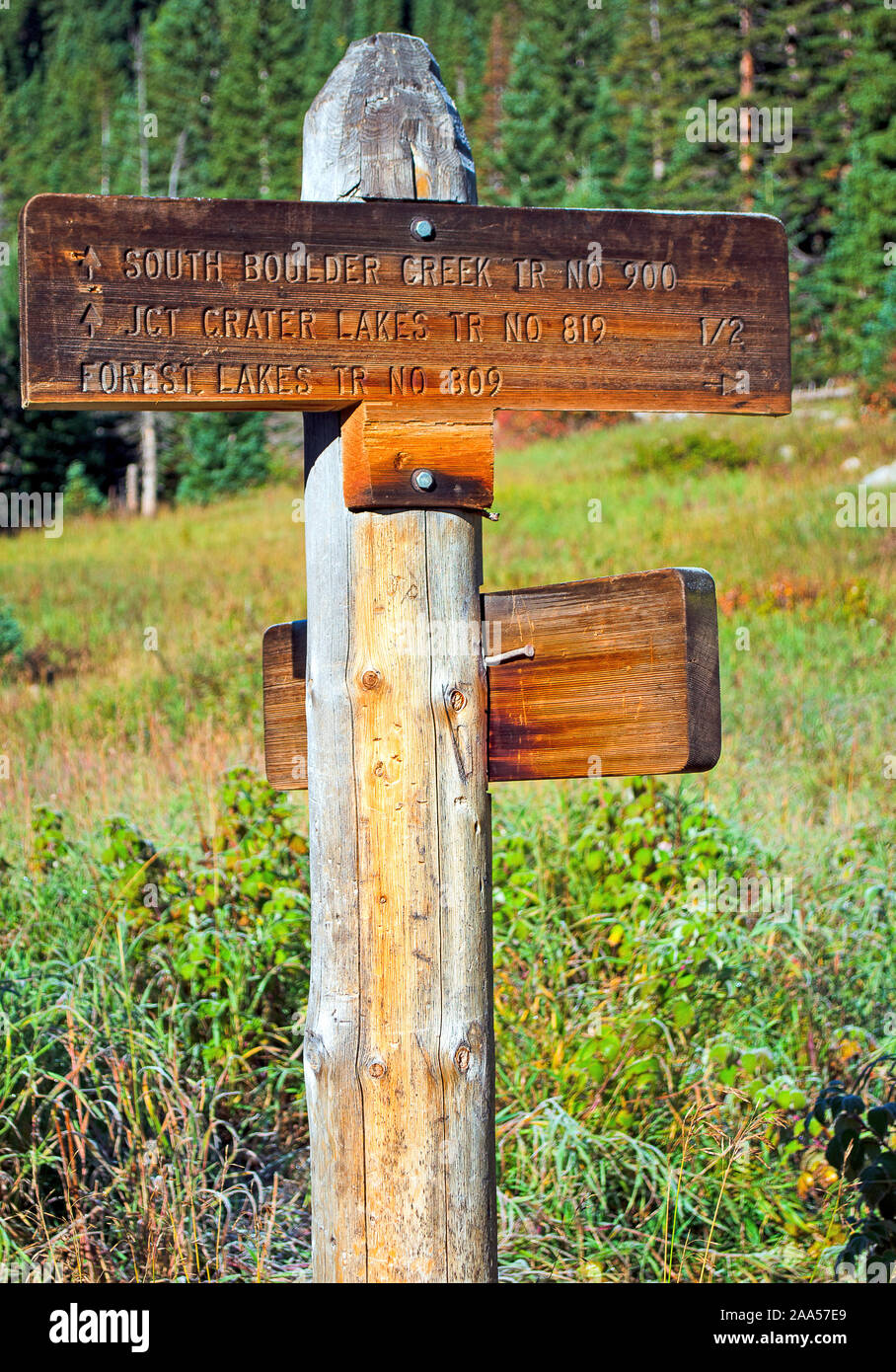 Hiking Trail Directional Sign in Colorado Rocky Mountains Stock Photo ...