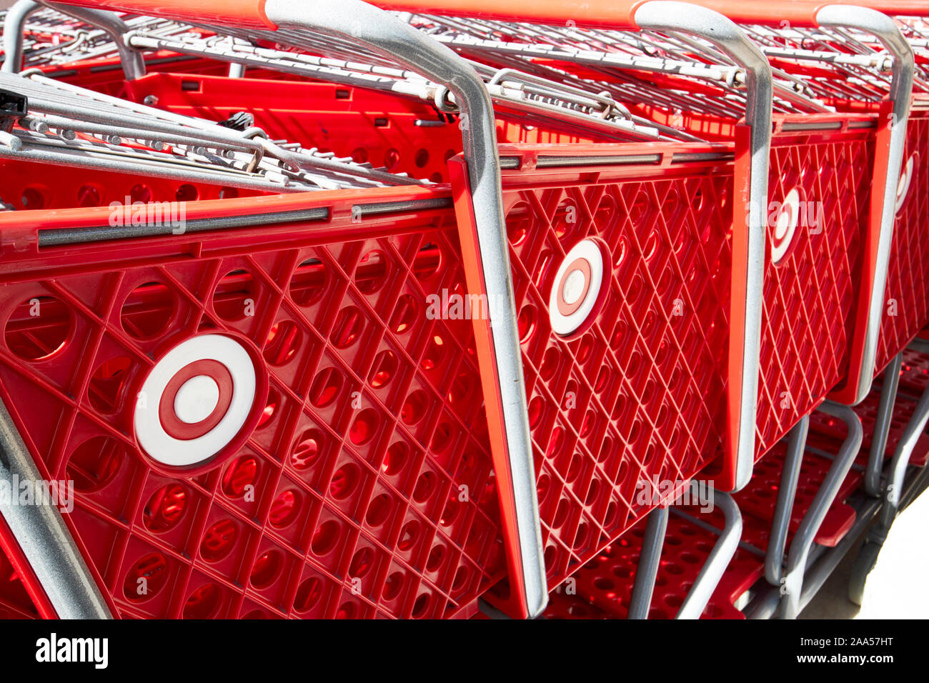 row of target supermarket trollies outside target store florida usa ...