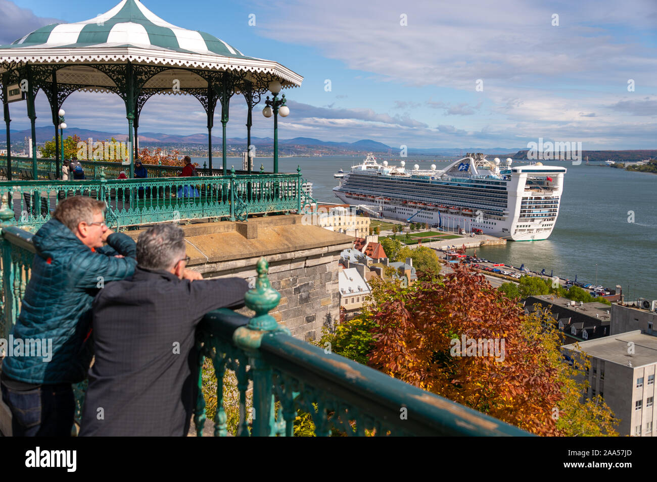 Quebec City, Canada - 4 October 2019: Two men looking at cruise ship ...