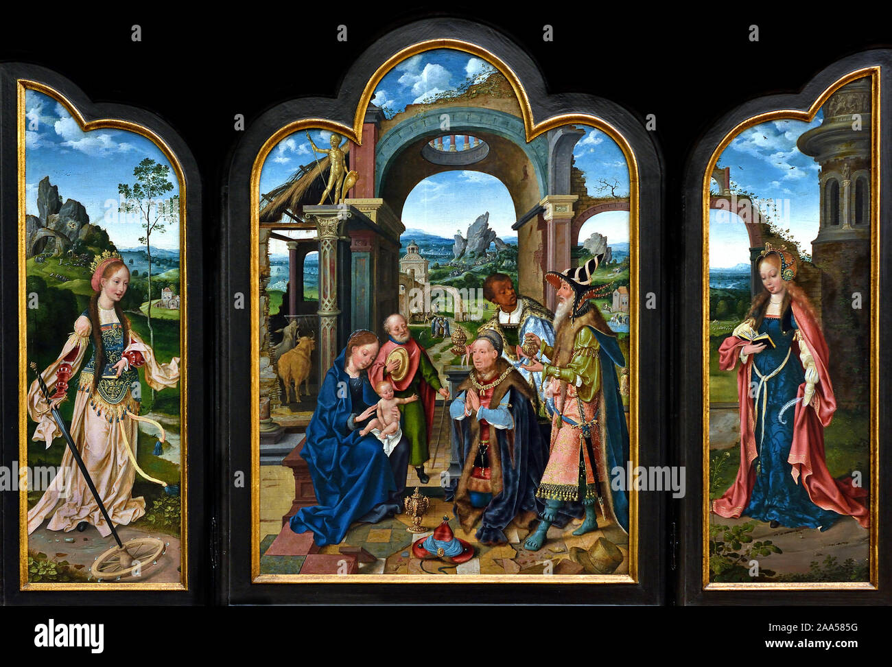 Triptych with the Adoration of the Magi (3 panels) 1520 by Joos van Cleve (1485 - 1541) German ...