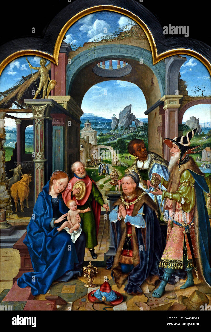 Triptych with the Adoration of the Magi (3 panels) 1520 by Joos van Cleve (1485 - 1541) German ...