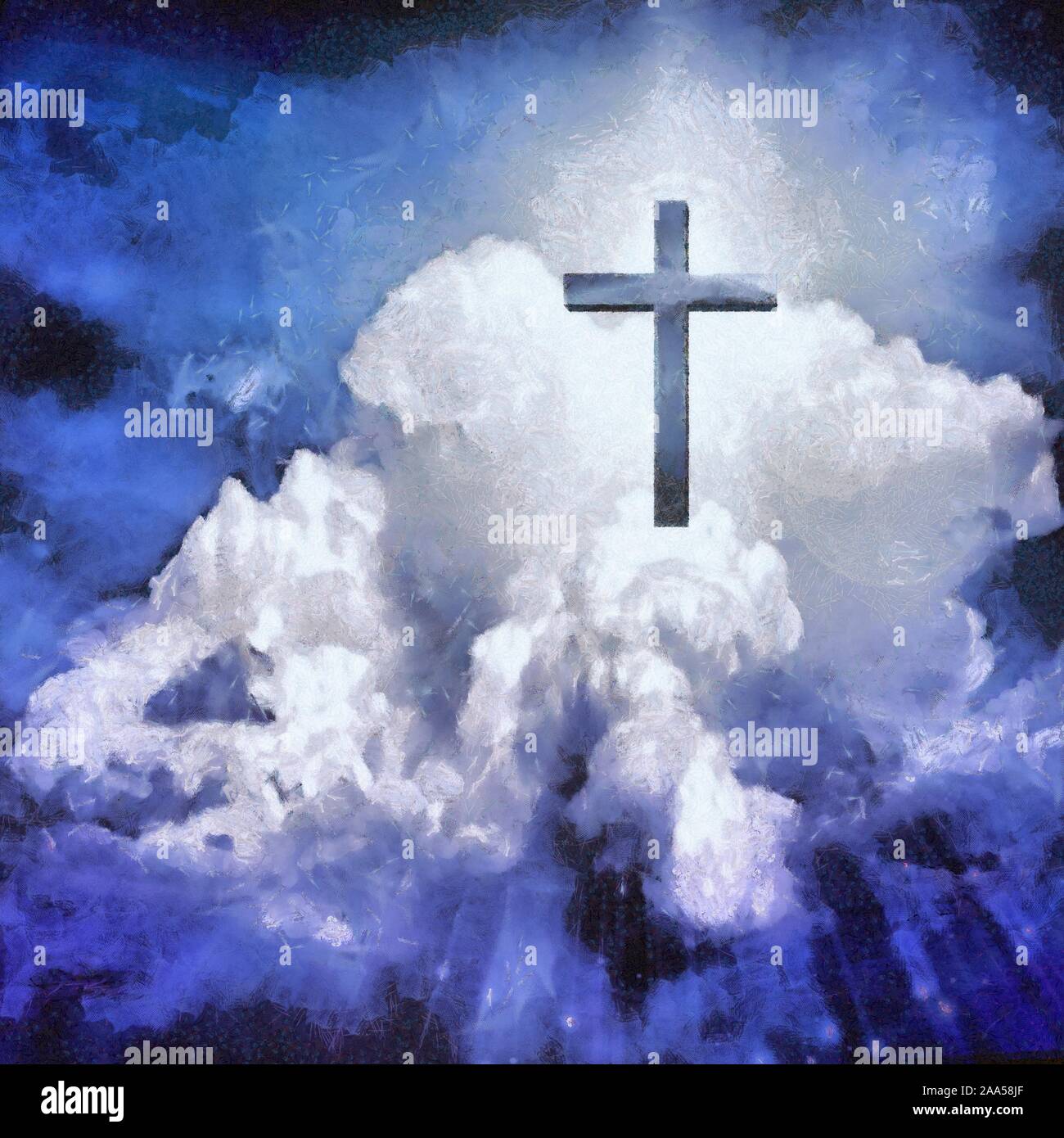 Cross in clouds. Spiritual painting Stock Photo - Alamy