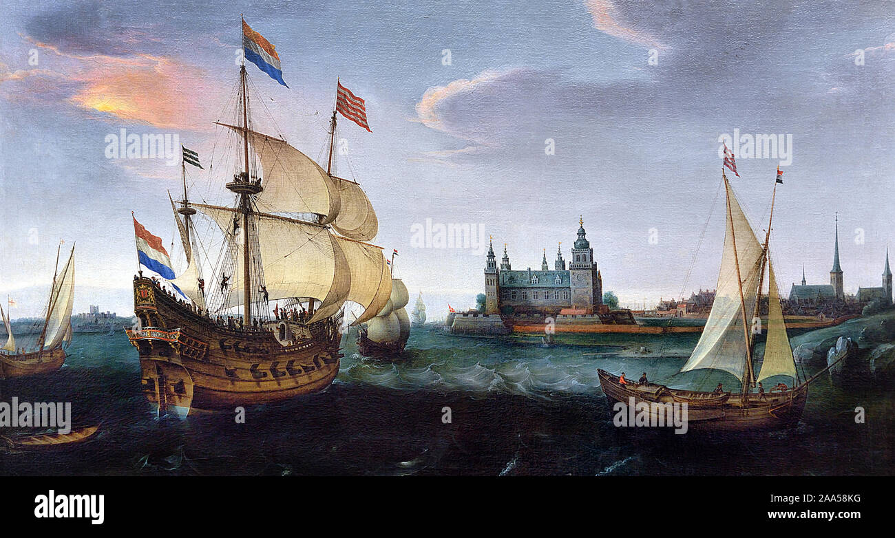 Dutch three master before entering the mouth at kronborg castle hi-res ...