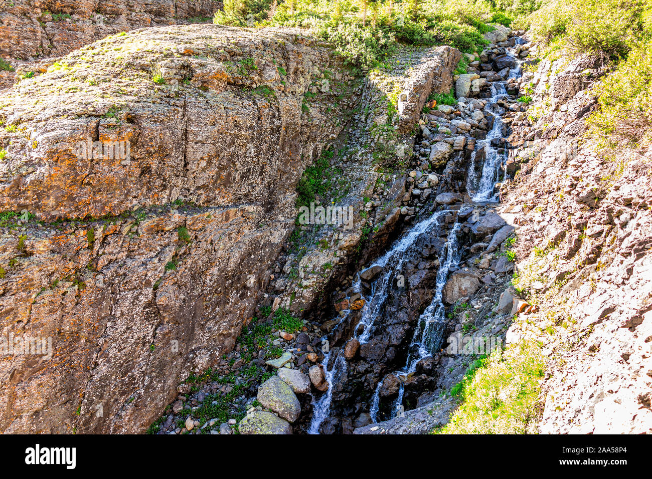 Waterfall river water flowing closeup view on trail to Ice lake near ...