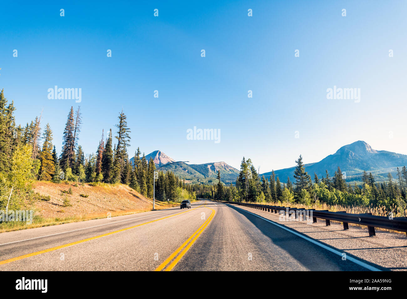 Wide angle view of scenic road in Colorado on Million Dollar Highway ...