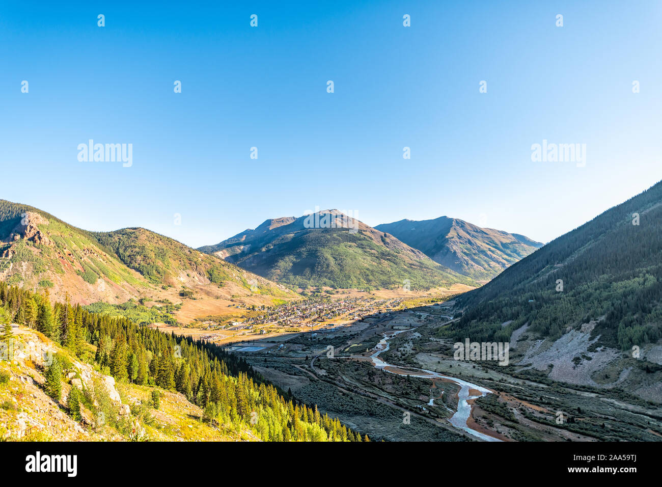 Wide angle aerial view of Silverton, Colorado small town high angle ...