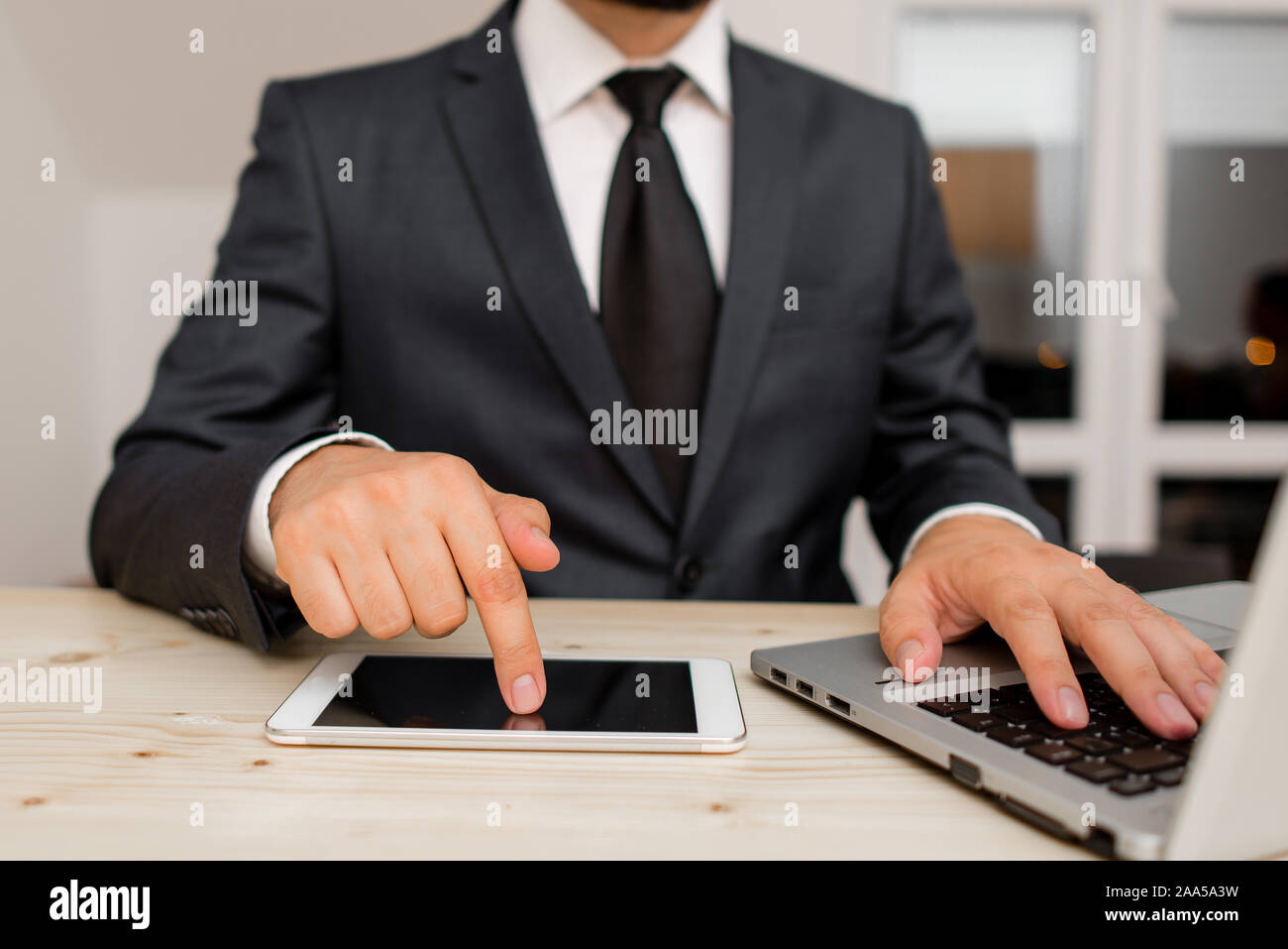 Male human wear formal clothes present presentation use hi tech ...