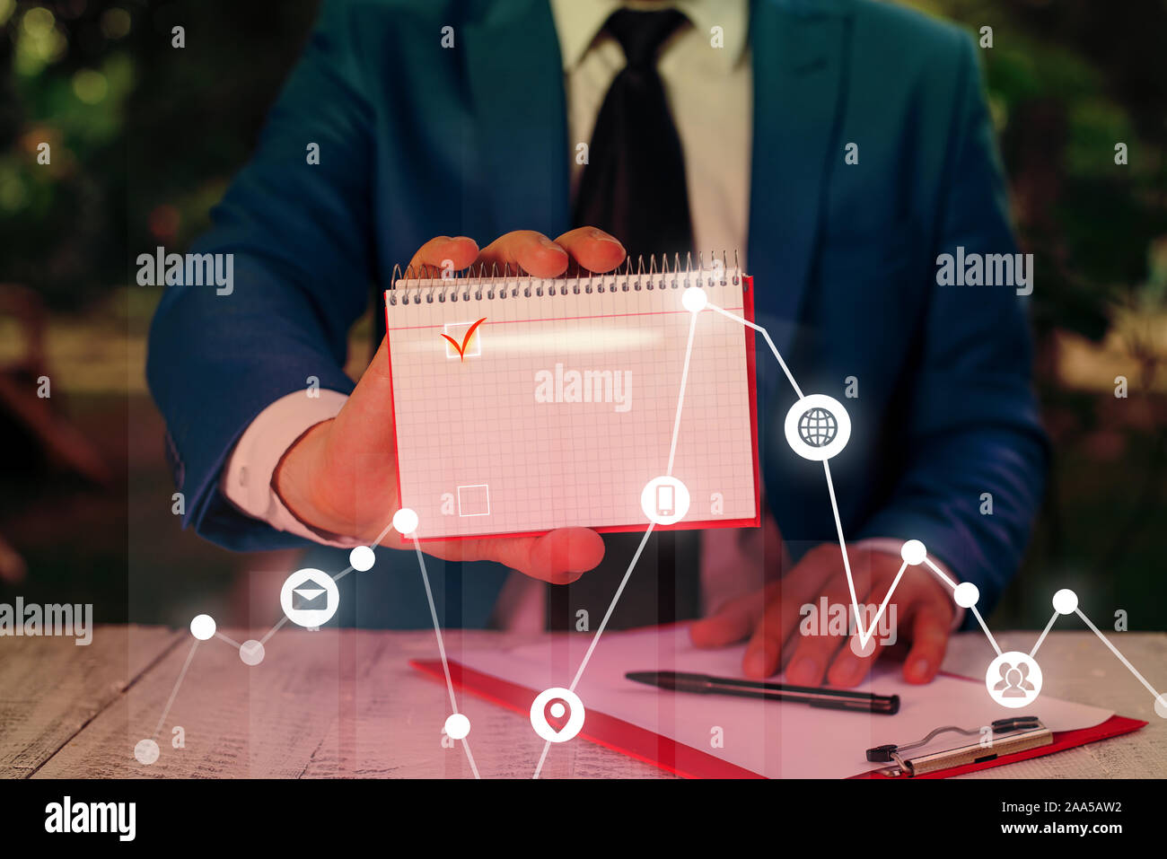 Male human wear formal work suit presenting presentation using smart ...