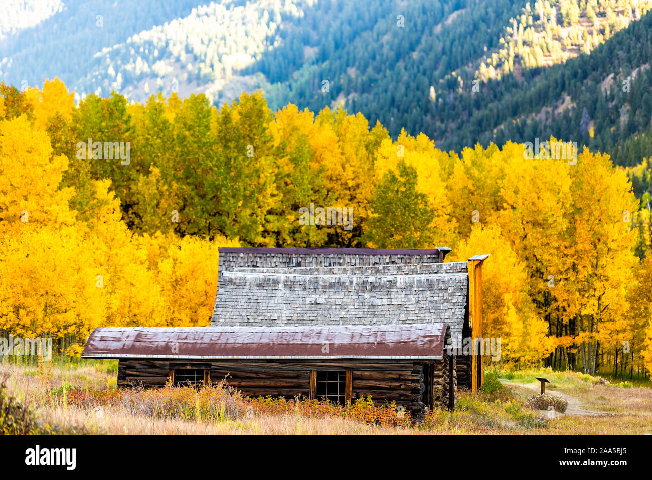 Castle Creek road wooden house cabin in famous Ashcroft ghost town with ...