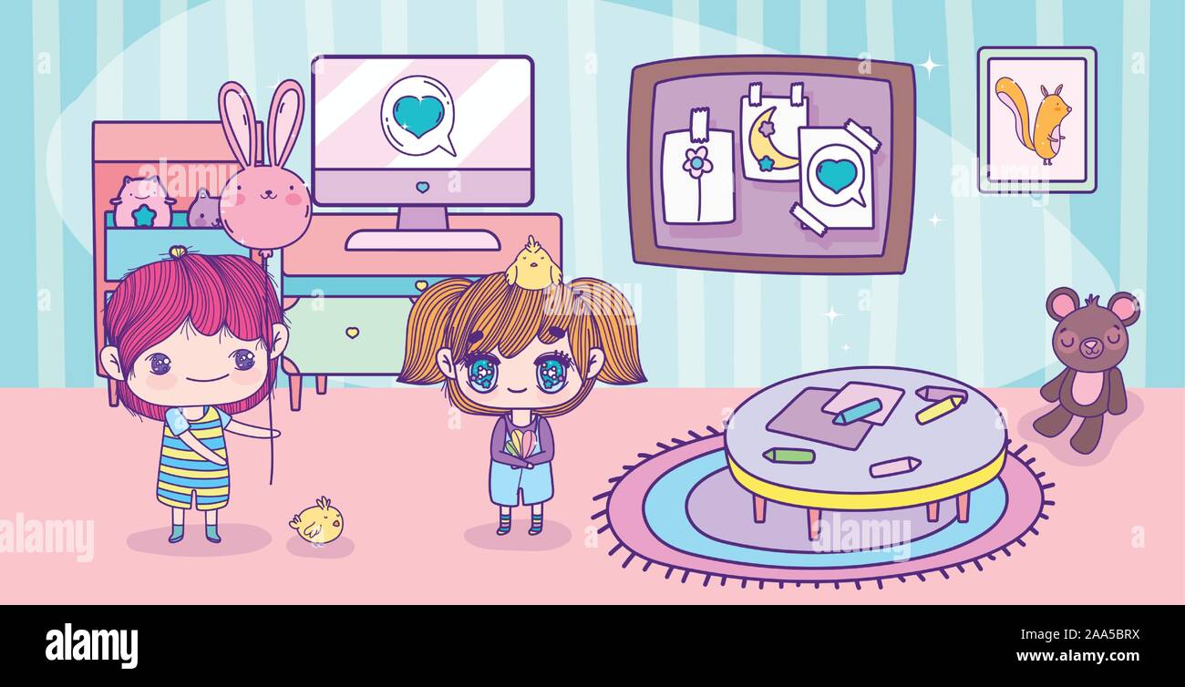 anime cute girl and boy with computer teddy table pencils vector ...