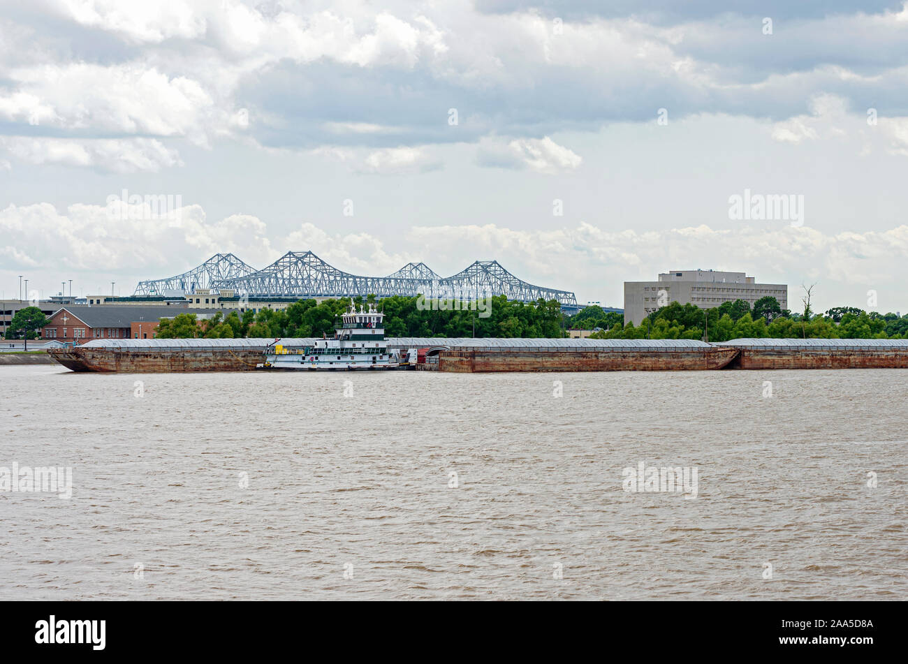 New Orleans, Louisiana/USA - June 14, 2019: Towboat and barge along ...