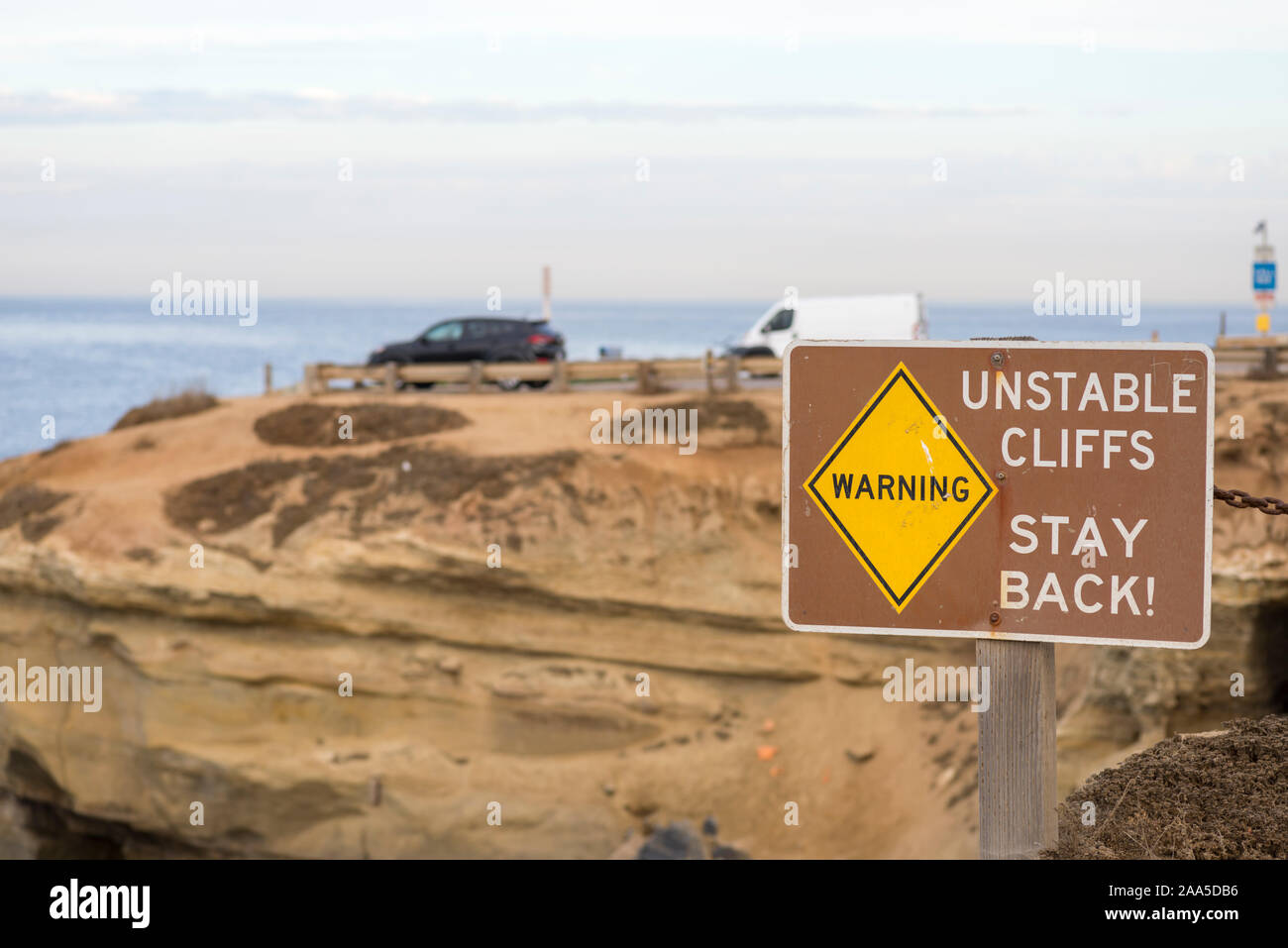 Warning sign at Sunset Cliffs Natural Park. San Diego, California Stock ...