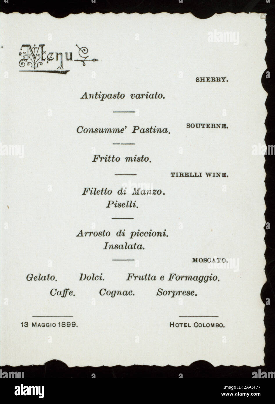 WINES SERVED;ITALIAN MENU; BANCHETTO [held by] ? [at] HOTEL COLOMBO ...
