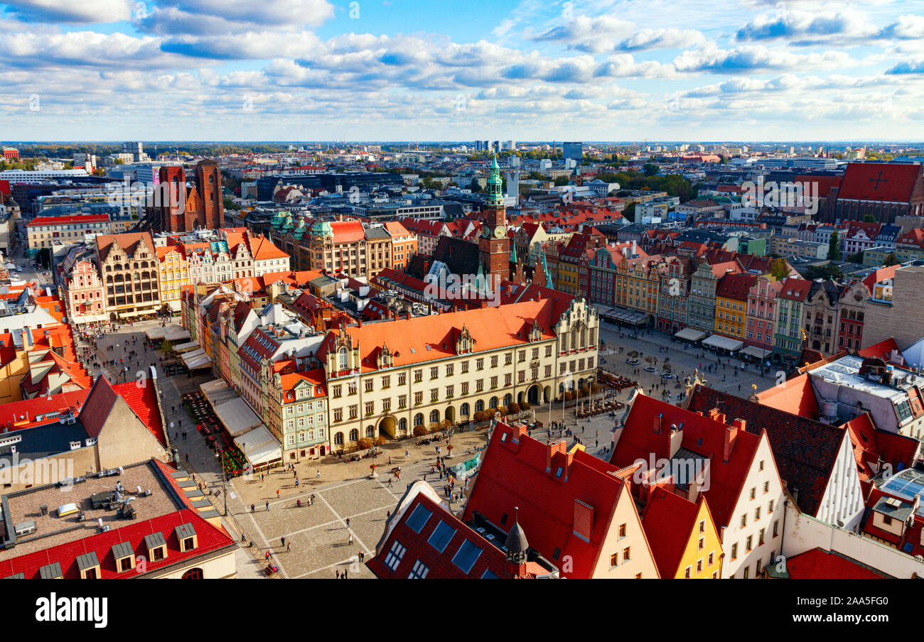 Aerial view of the Wroclaw historical city centre with the colorful ...