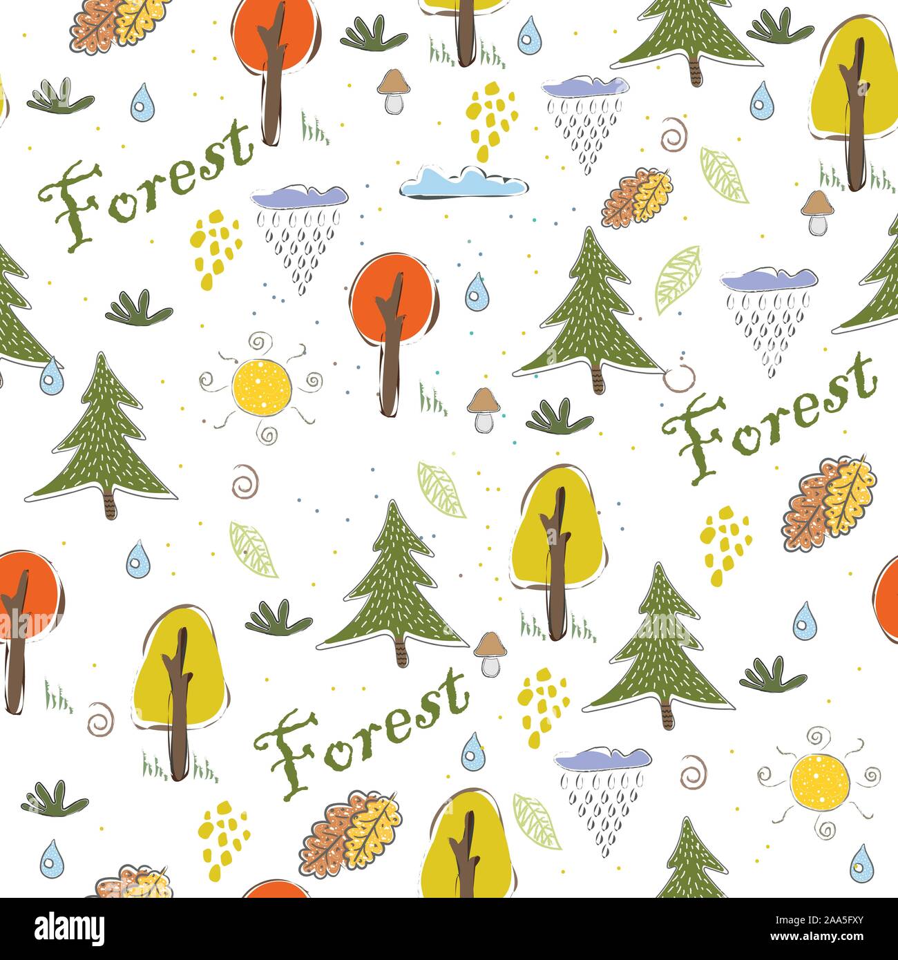 Cute Pattern with trees and clouds. Hand Drawn Scandinavian Style Stock ...