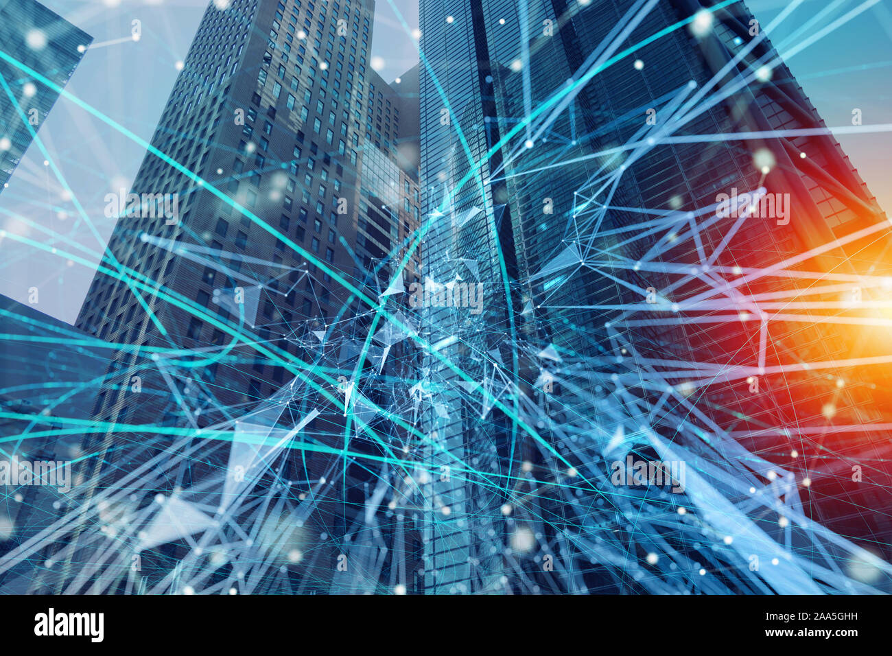 Fast connection in the city at night. Abstract technology background ...