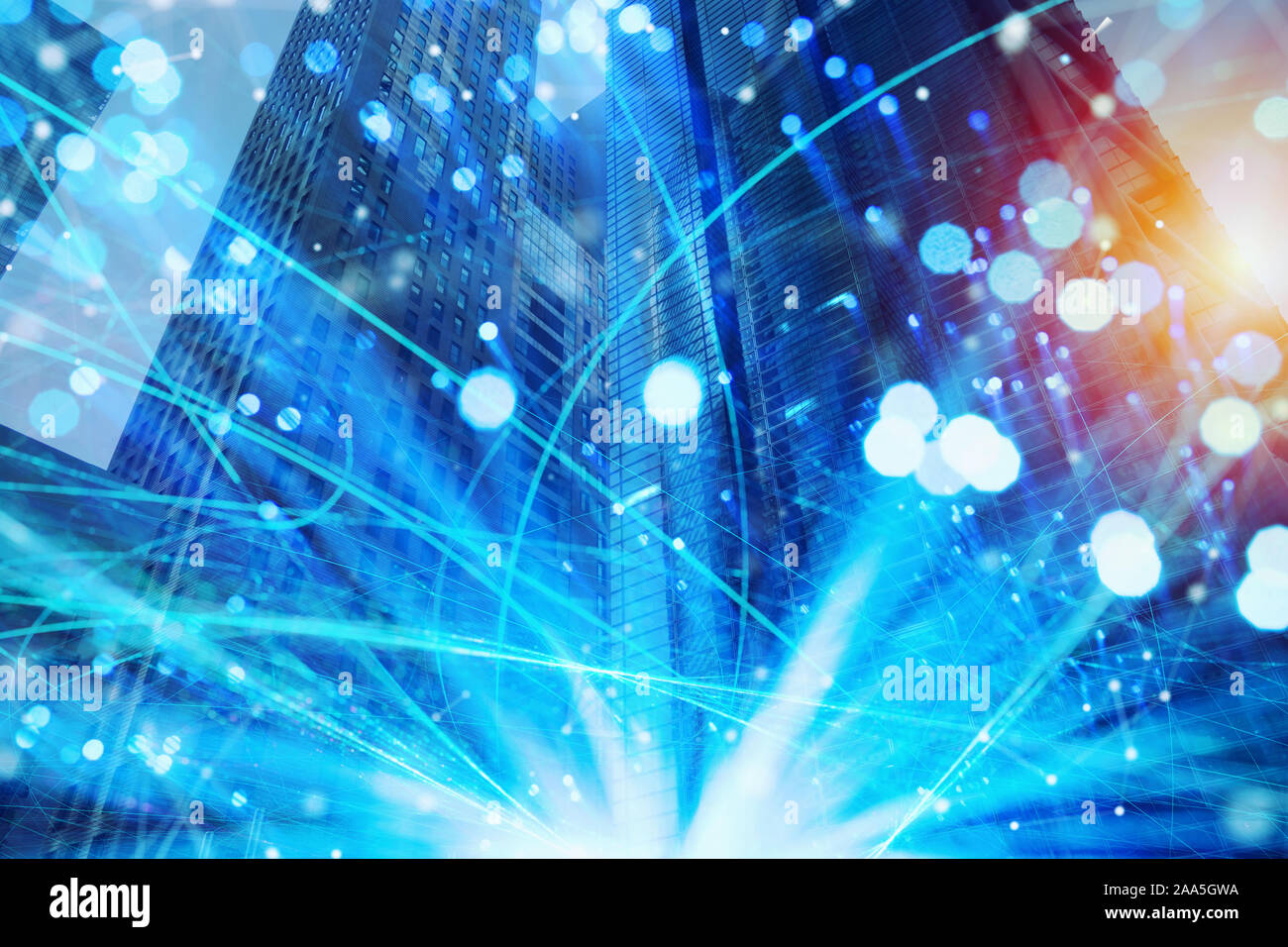 Fast connection in the city at night. Abstract technology background ...