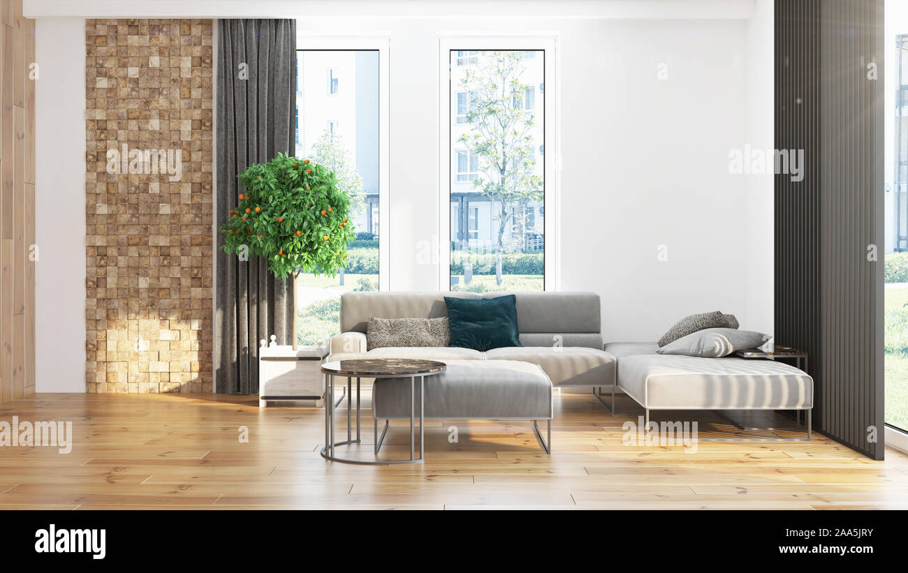 Modern design living room interior with beautiful view . 3D rendering ...