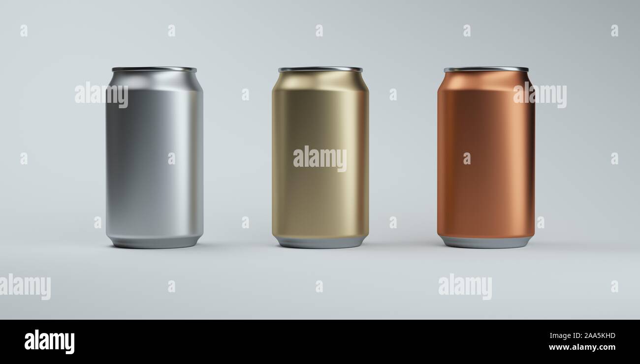 Three metallic color soda cans on elegant dark background Stock Photo ...