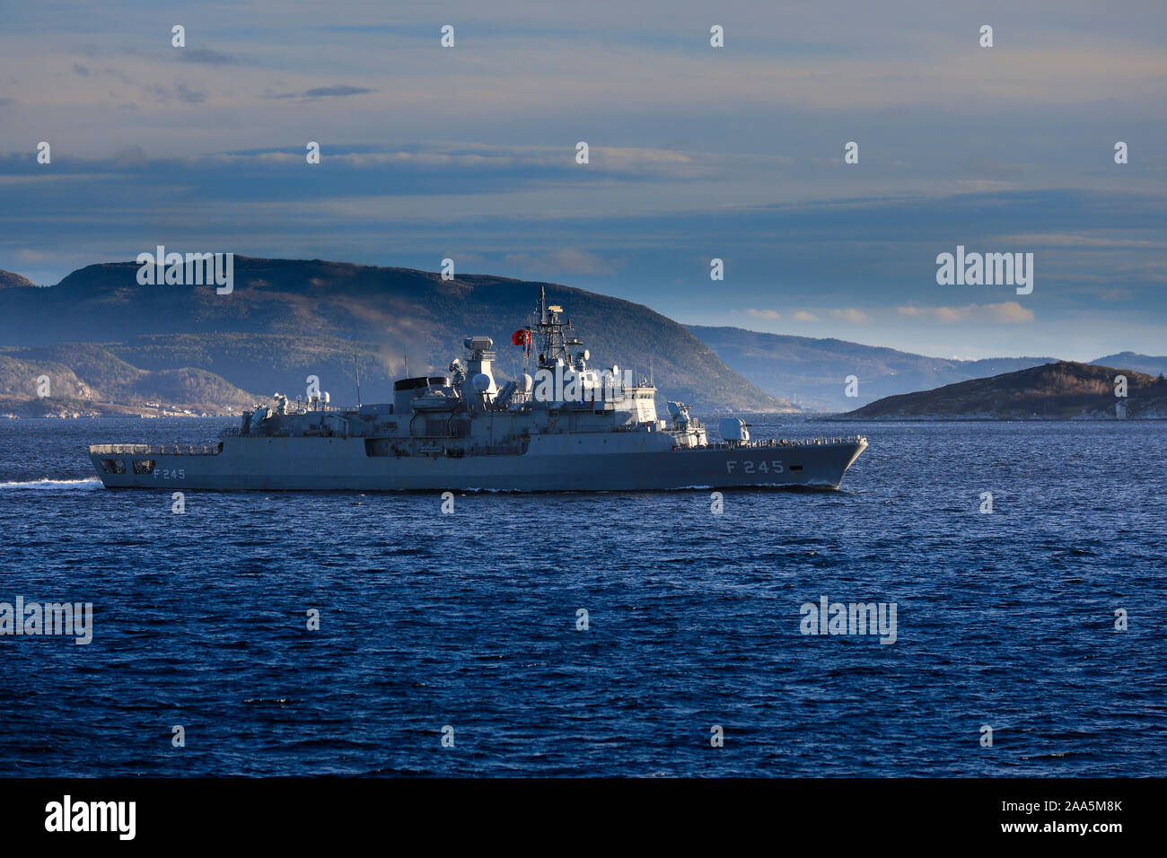 The Turkish warship TCG Oruçreis (F-245), is a Barbaros-class frigate ...