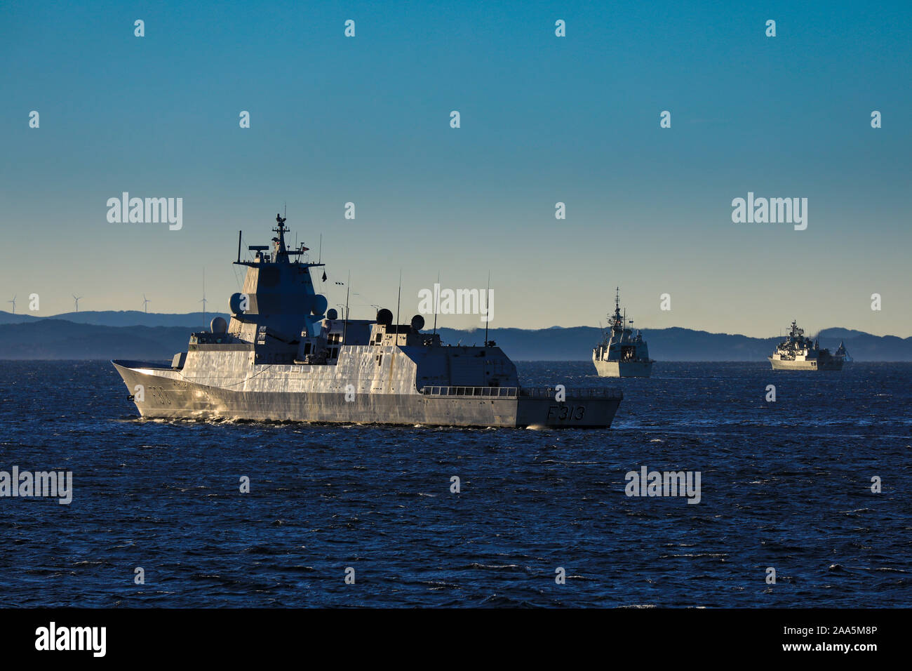 The ill fated KNM Helge Ingstad of the Royal Norwegian Navy in company ...