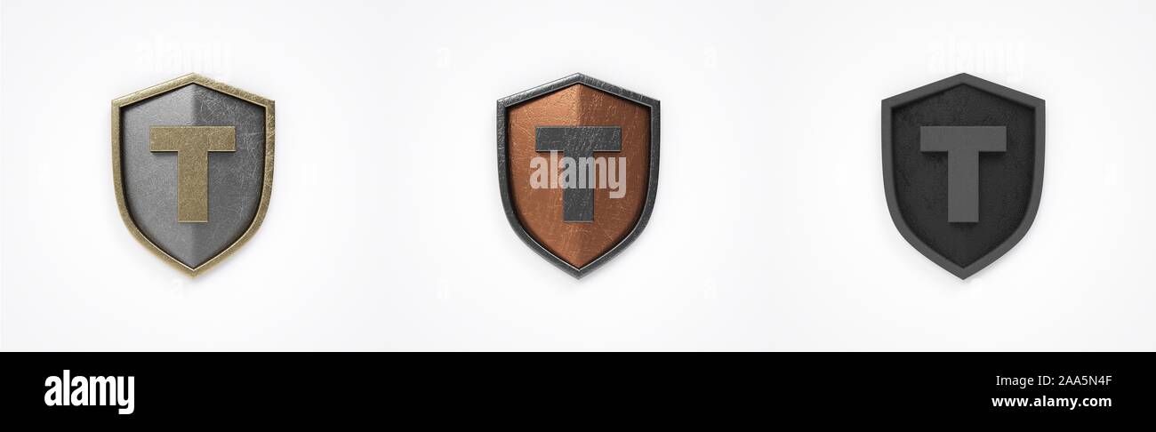 Heraldic shield metal pack, complete alphabet. Letter T Stock Photo - Alamy