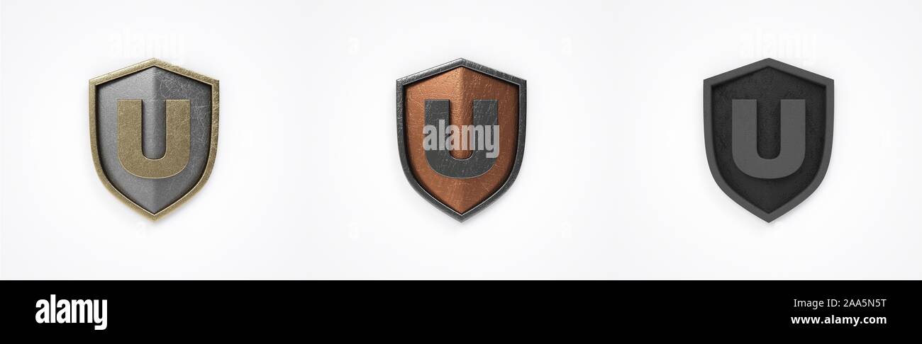 Heraldic shield metal pack, complete alphabet. Letter U Stock Photo - Alamy