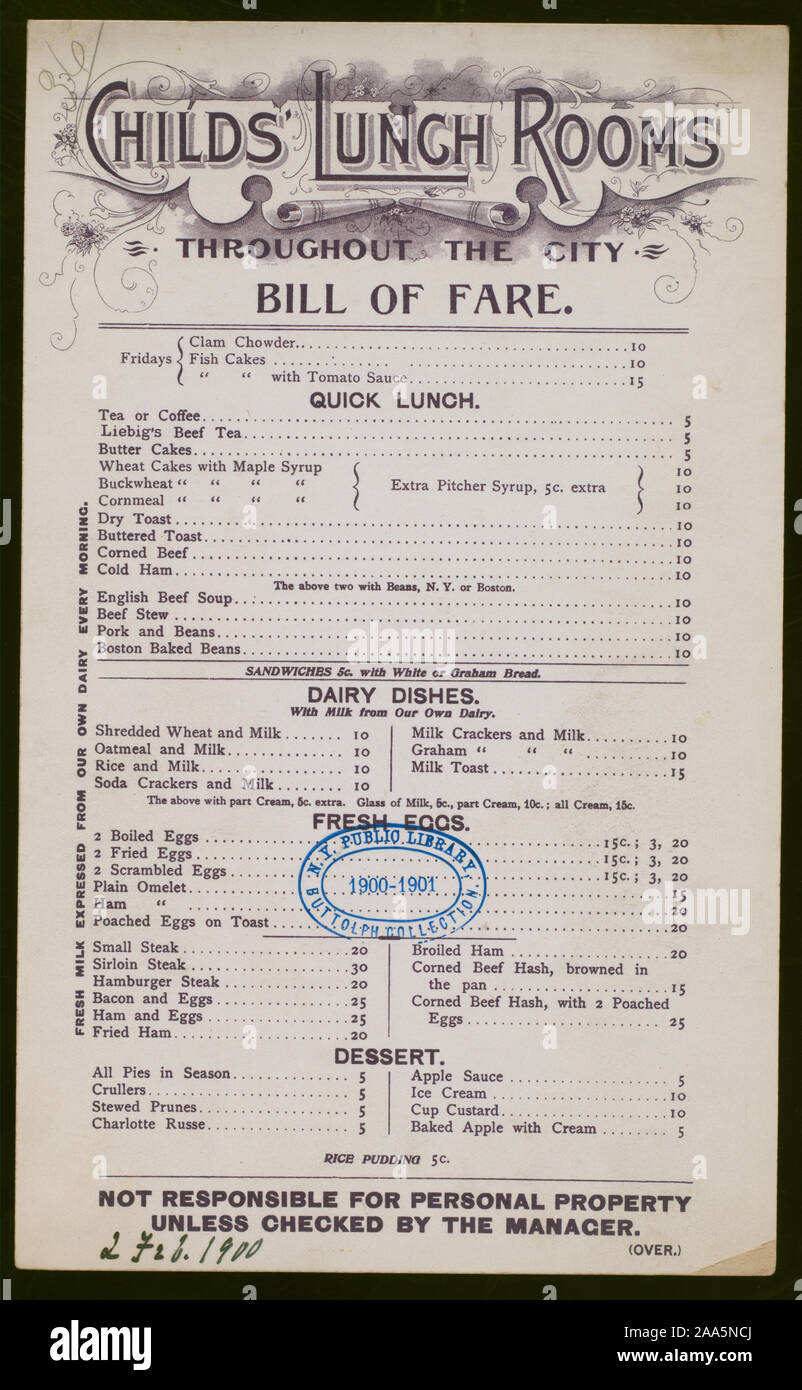 1900-0700; BILL OF FARE [held by] CHILDS' LUNCH ROOMS [at] NEW YORK, NY ...