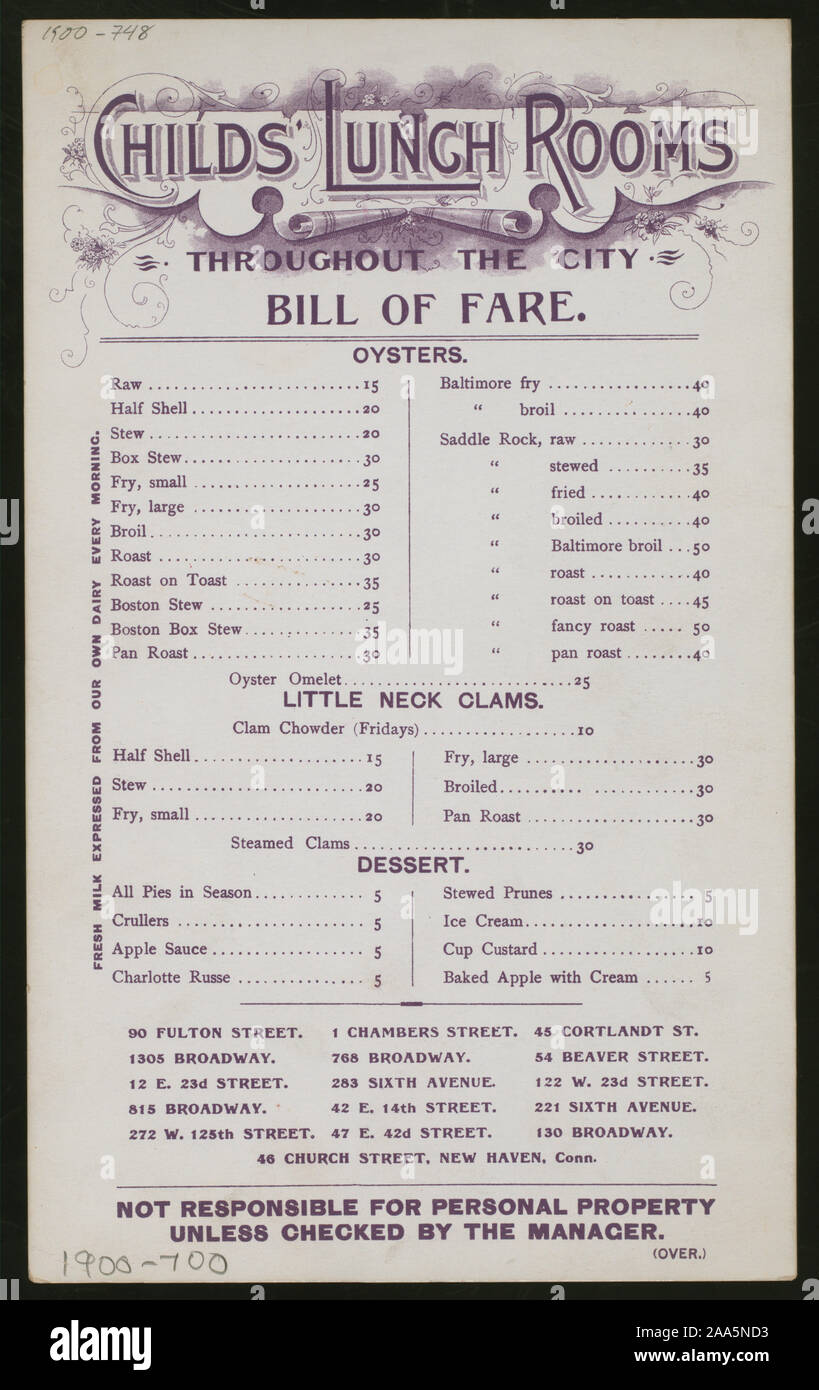 1900-0700; BILL OF FARE [held by] CHILDS' LUNCH ROOMS [at] NEW YORK, NY ...