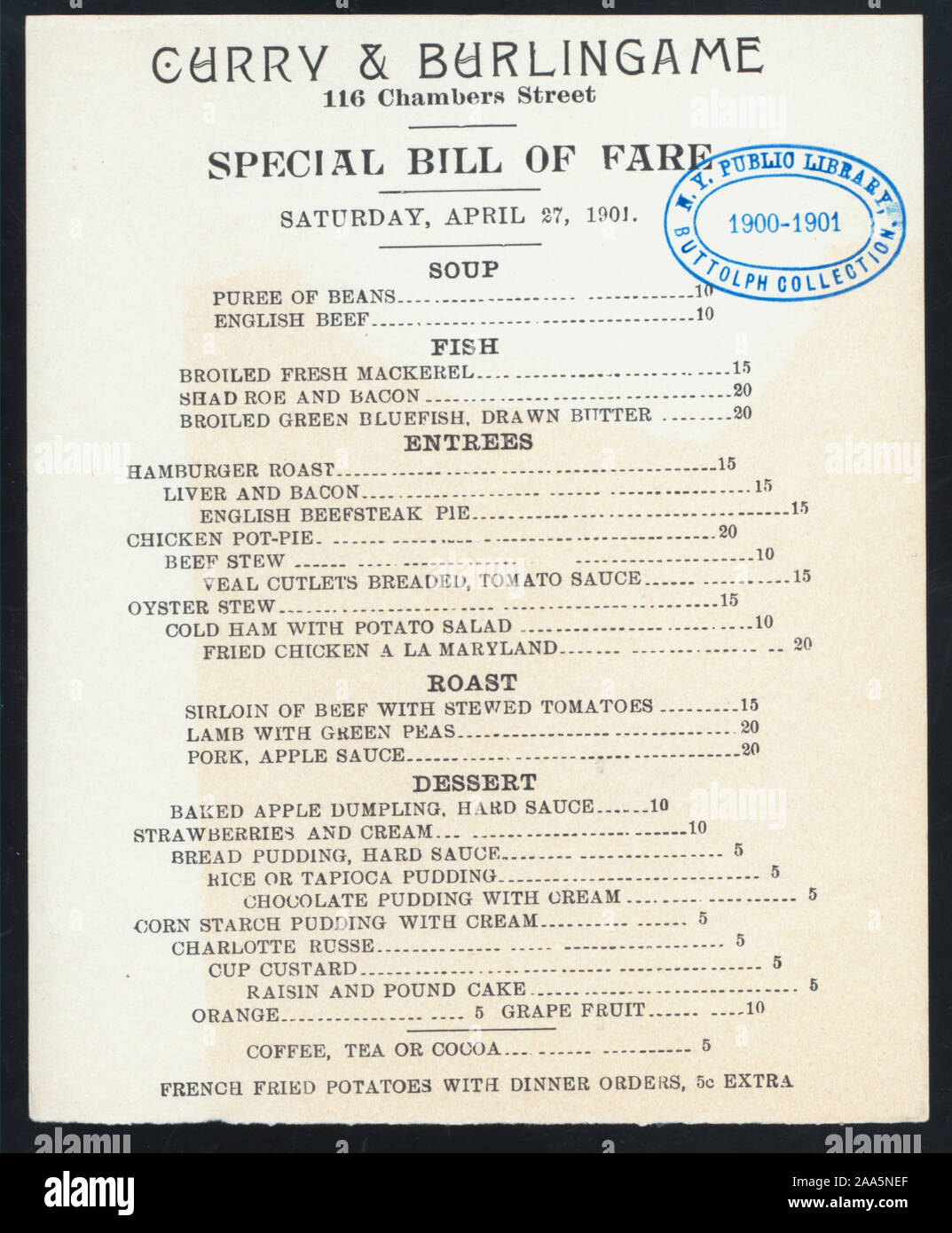 PRICED MENU; BILL OF FARE [held by] CURRY & BURLINGAME [at] CHAMBERS ...
